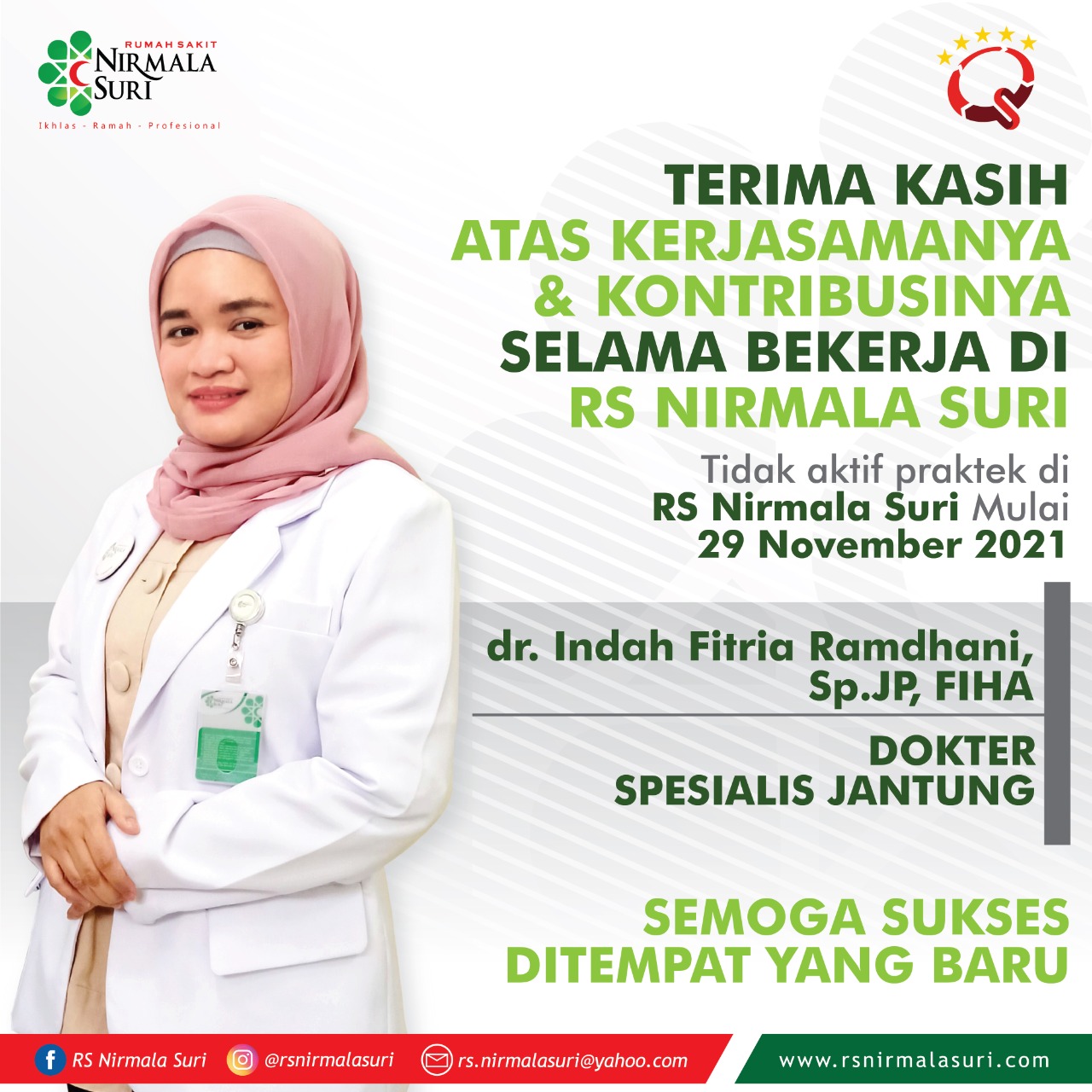 Mulai 29 November 2021 dr. Indah Fitria Ramdhani, Sp.JP, FIHA Tidak ...